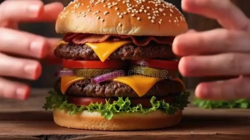 Stacking a Massive Burger with Layers of Ingredients Stock Footage ...