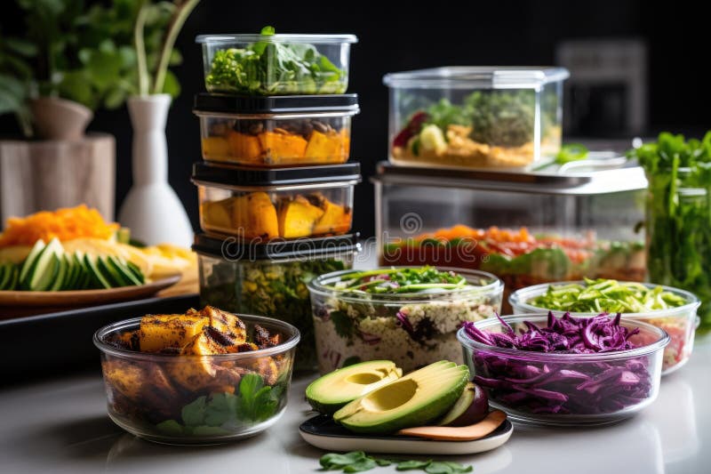 Stacking Meal Prep Containers with a Variety of Dishes in Fridge Stock ...