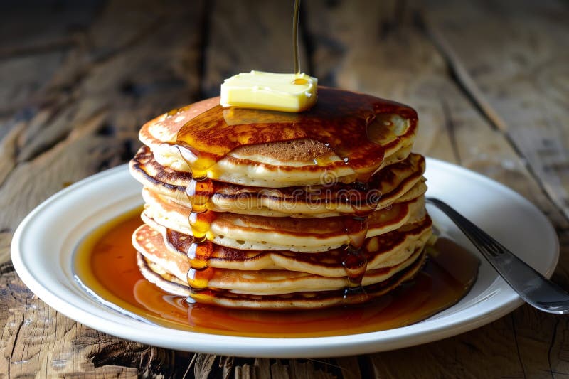 Stacking Pancakes, Syrup and Butter Ready To Serve Stock Image - Image ...
