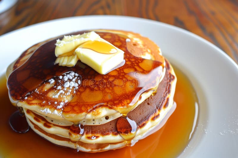 Stacking Pancakes, Syrup and Butter Ready To Serve Stock Image - Image ...