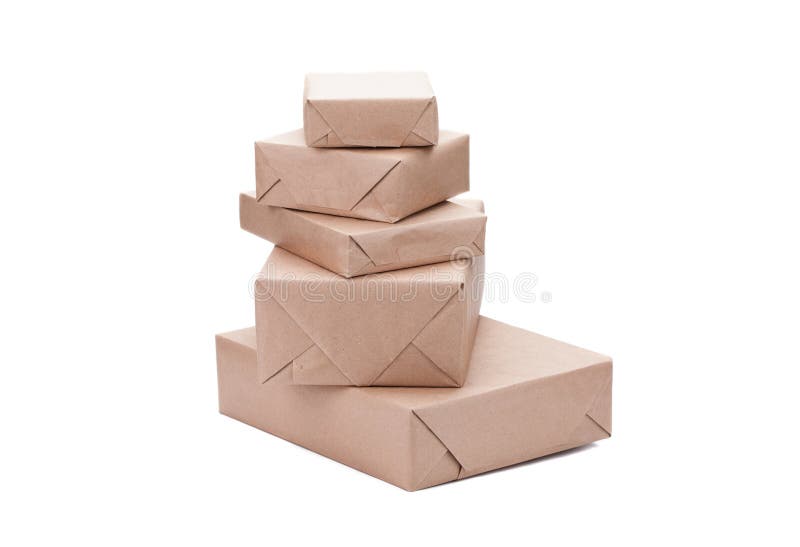 Stacking Parcels Boxes with Kraft Paper, Isolated on White Stock Photo ...