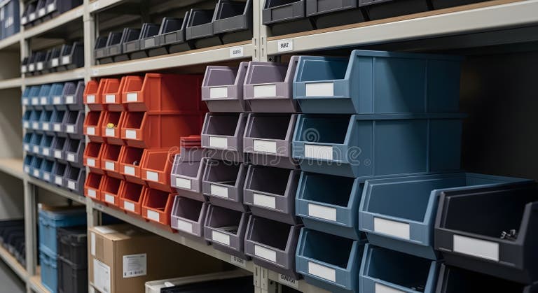 Stacking Parts Bins in Gradient Tones with Empty Fronts in a Tool Crib ...