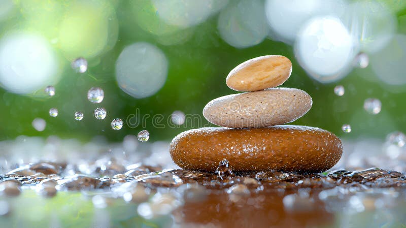 Stacking Smooth Stones Under Gentle Rain with Green Bokeh Background ...