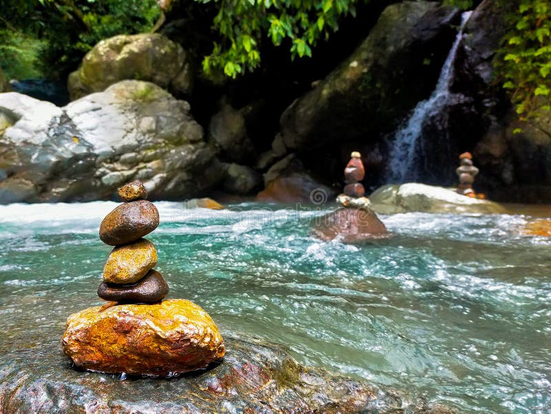 Stacking Stones on the River Fountain Waterfall Tropical Forrest Stones ...