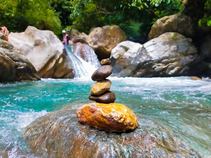 Stacking Stones on the River Fountain Waterfall Tropical Forrest Stones ...