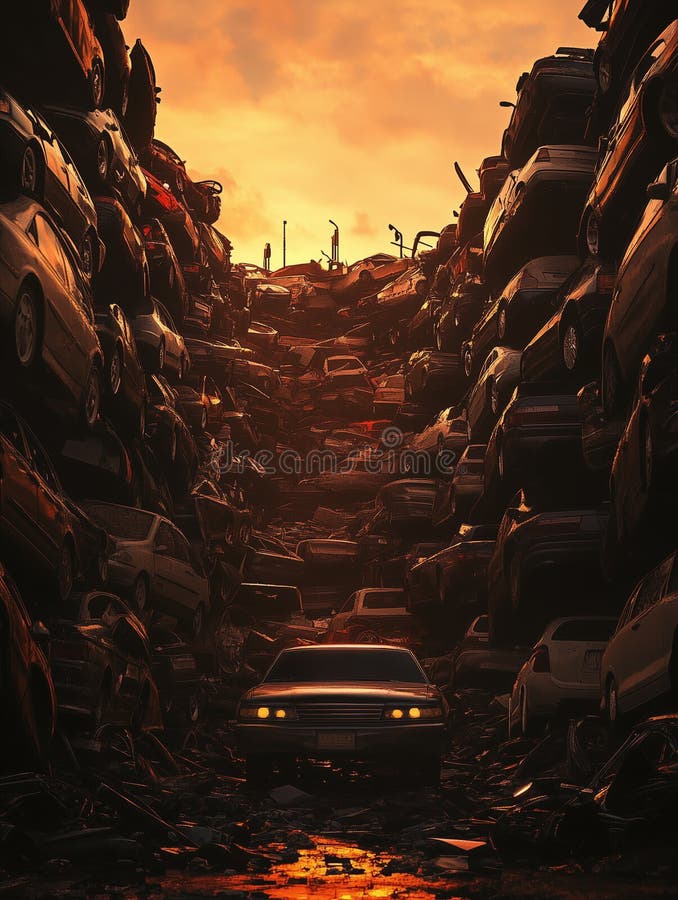 Stacks of Abandoned Cars in a Sprawling Scrapyard at Sunset Stock Image ...