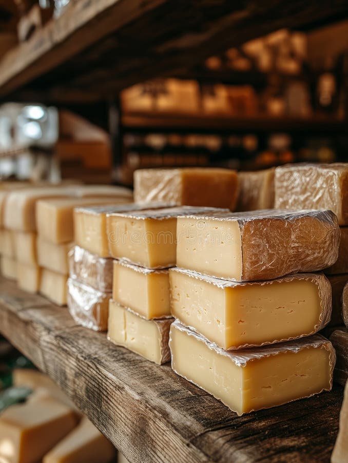 Stacks of Artisanal Cheese Blocks on a Wooden Shelf. Stock Photo ...
