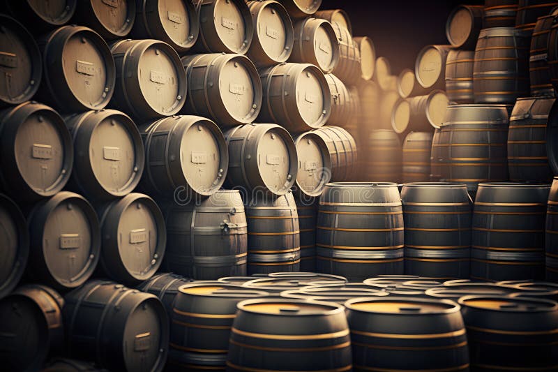 Stacks of Beer Barrels in Brewery Manufacturing Warehouse. Neural ...