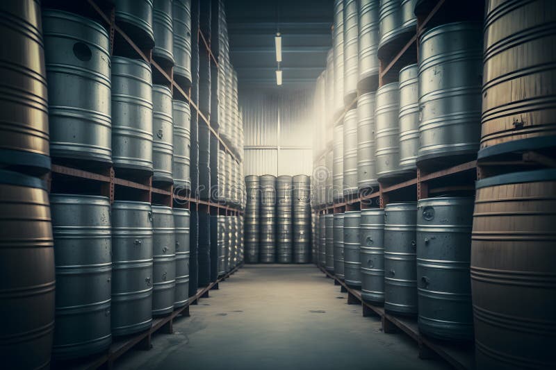 Stacks of Beer Barrels in Brewery Manufacturing Warehouse. Neural ...
