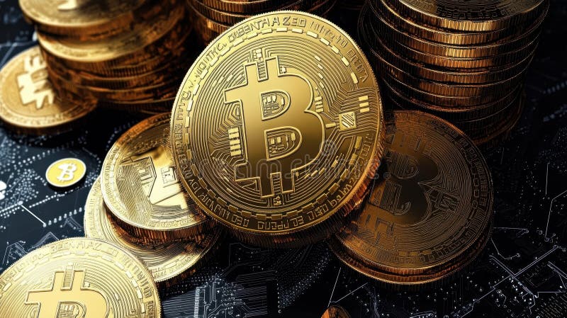 Stacks of Bitcoin Coins on a Textured Surface with a Dark Blue Backdrop ...