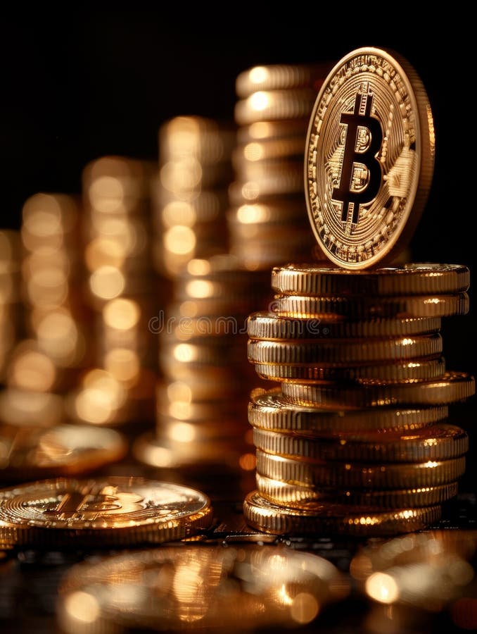 Stacks of Bitcoins Shine Against a Dark Backdrop, Representing the ...