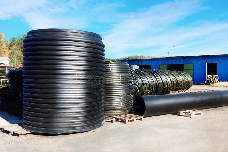 Stack Of Coiled Plastic Pvc Polyethylene Corrugated Drainage Pipes For ...
