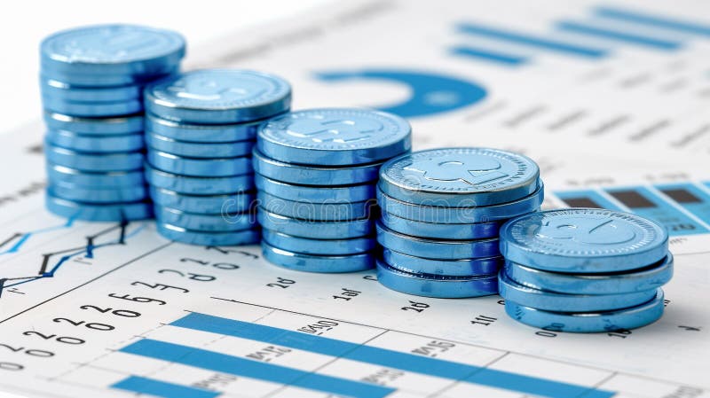 Stacks of Blue Coins on Financial Charts Stock Illustration ...