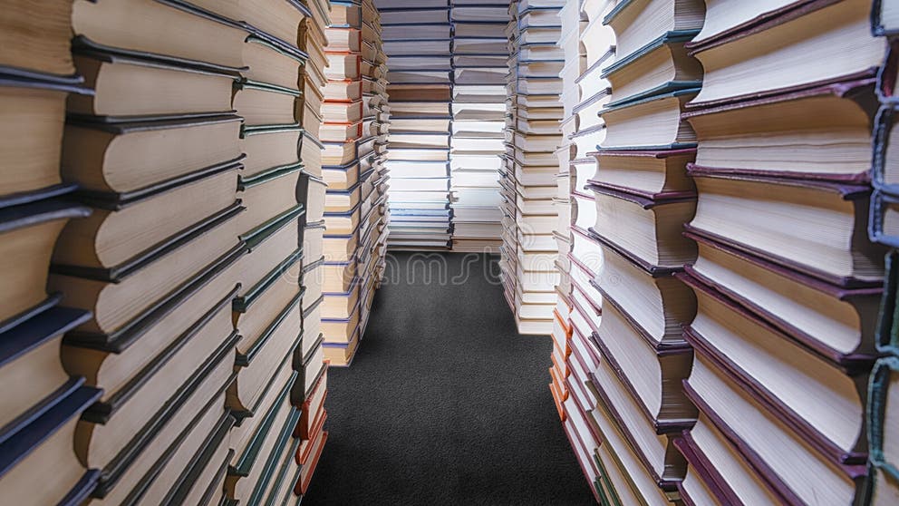Stacks of Books in the Form of a Long Corridor Stock Photo - Image of ...