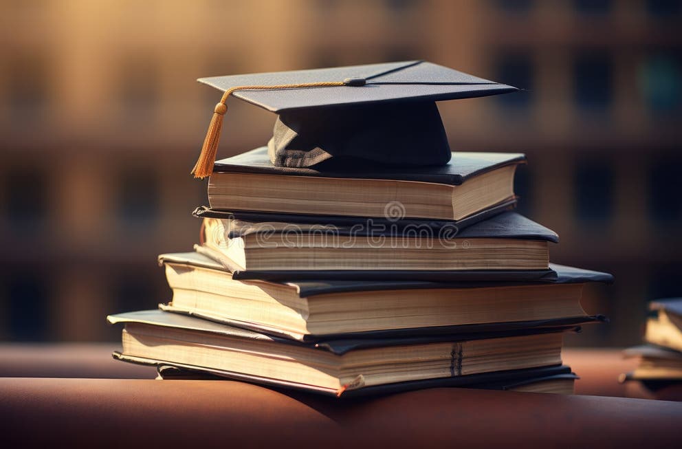 Stacks of Books with a Graduation Cap Stock Image - Image of table ...