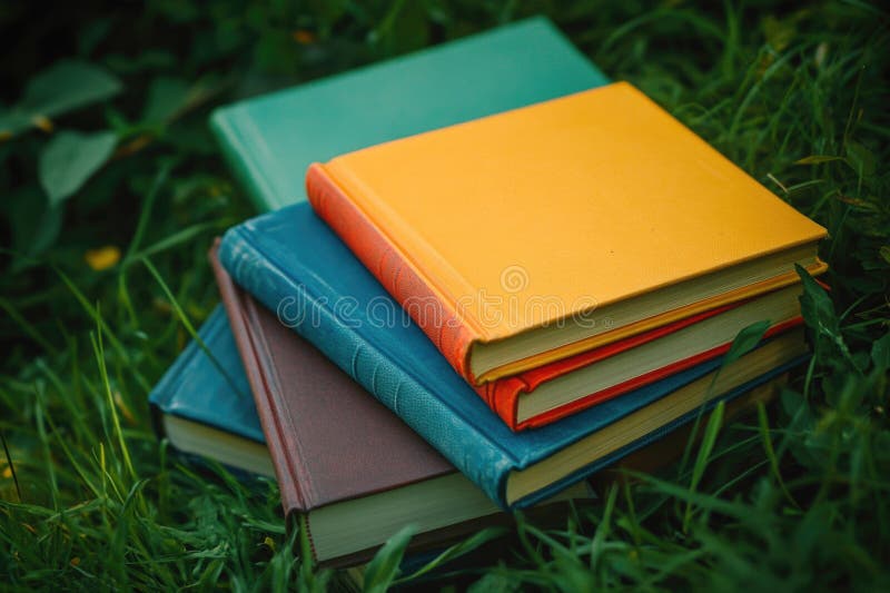 Stacks of Books Lying on a Vibrant Green Grassy Field Stock Image ...