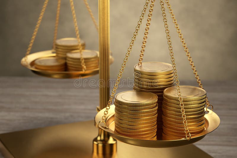 Stacks of Bright New Shiny Gold Coins Placed on Scales. 3d Render Stock ...
