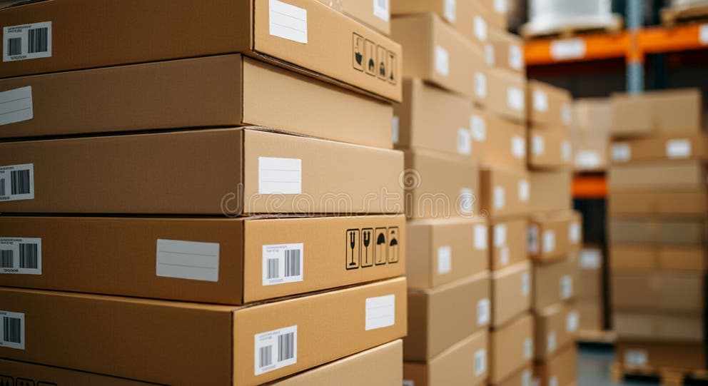 Stacks of Brown Cardboard Boxes in a Warehouse Setting. the Boxes Feature Shipping Stock ...