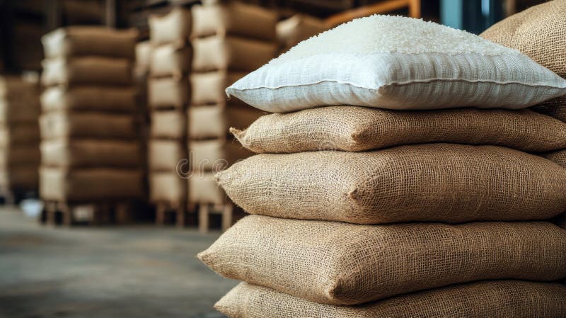 Stacks of Burlap Sacks Filled with Grain Stored Neatly in a Warehouse ...