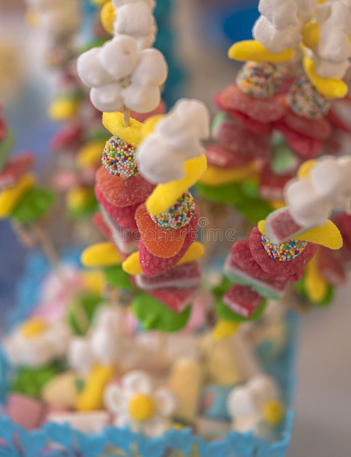 Close Up with Stacks of Candy Sweets with Selective Focus from Above ...