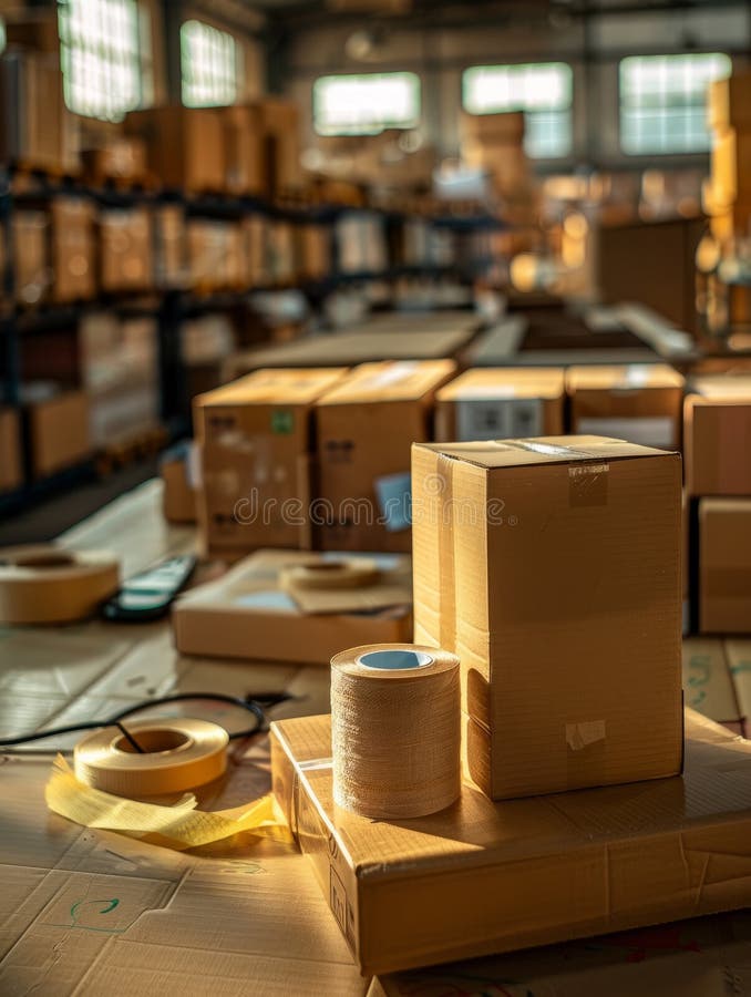 Stacks of Cardboard Boxes and Packing Materials in a Warehouse. Stock ...