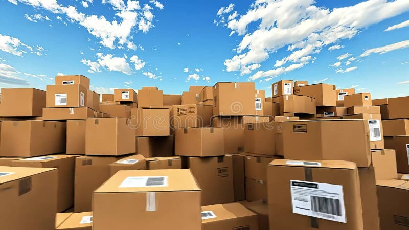 Stacks of Cardboard Boxes with Shipping Labels Under a Bright Blue Sky ...