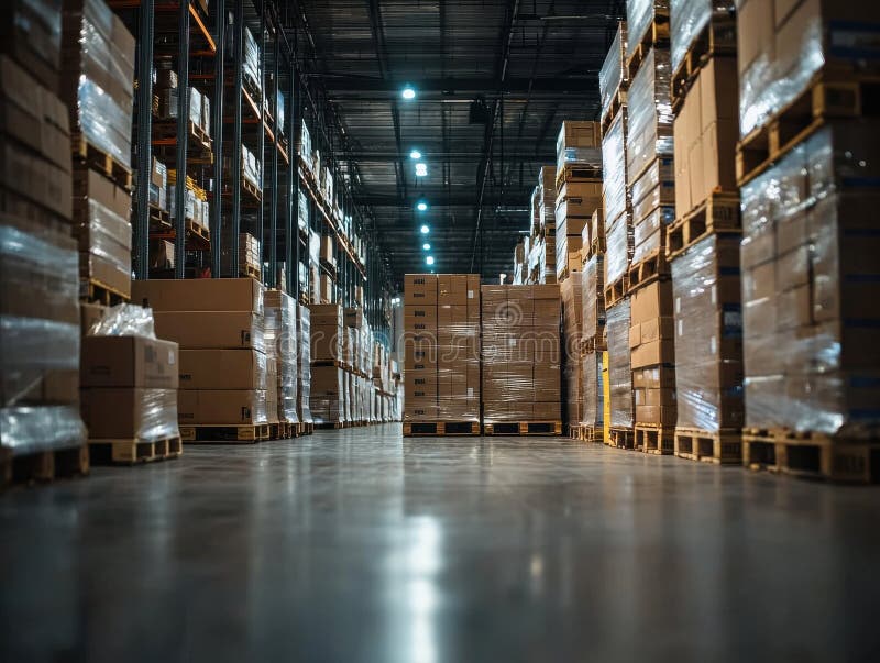 Stacks of Cardboard Boxes on Wooden Pallets in a Warehouse Aisle Stock ...