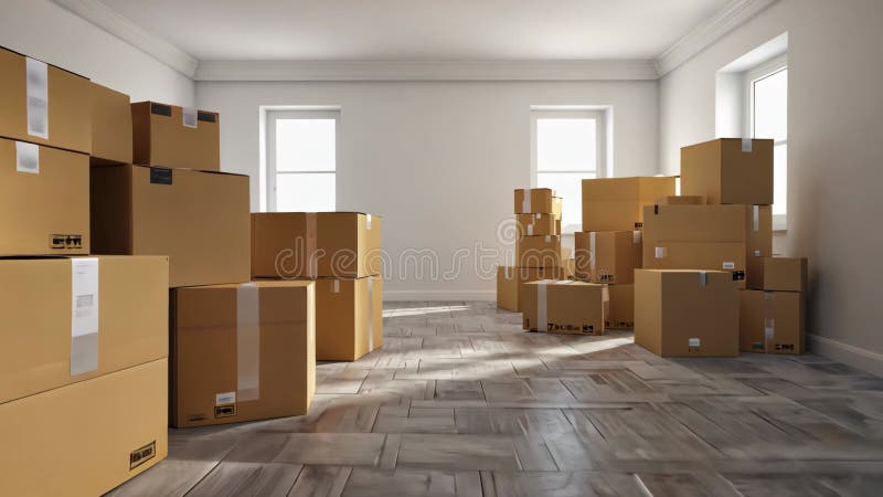 Stacks of Cardboard Moving Boxes Arranged in Empty Room Stock Footage ...