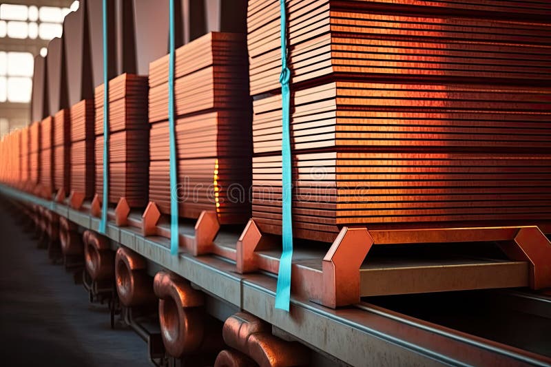 Cathode Copper Sheets on Rail Carriages in Warehouse Stock Image ...