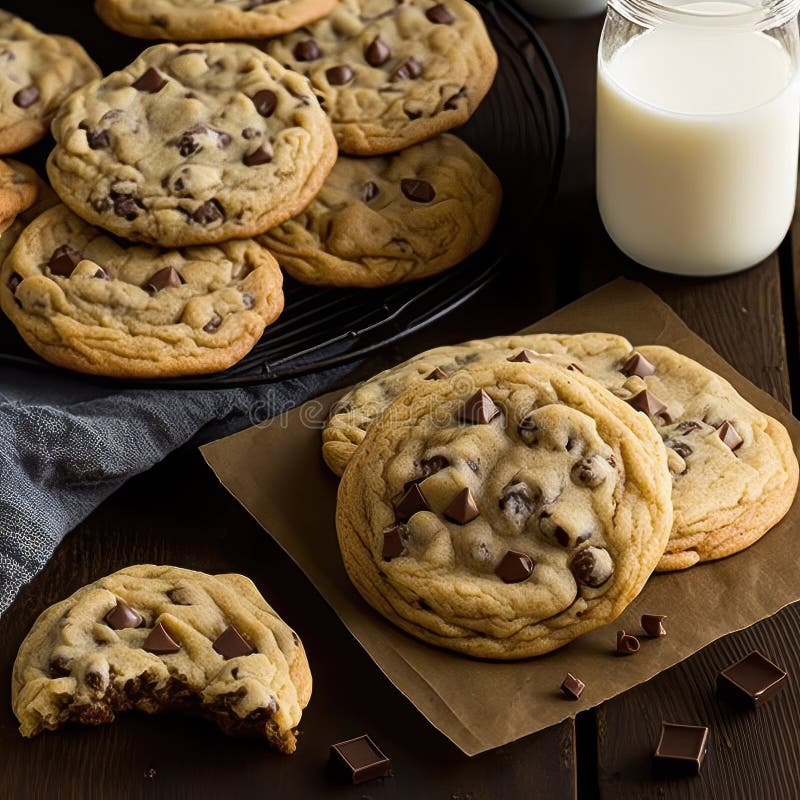 Stacks of Chocolate Chip Soft Cookies and Milk. Generative AI. Stock ...