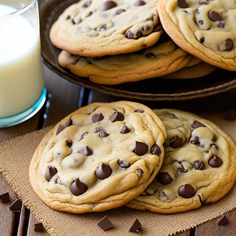 Stacks of Chocolate Chip Soft Cookies and Milk. Generative AI. Stock ...