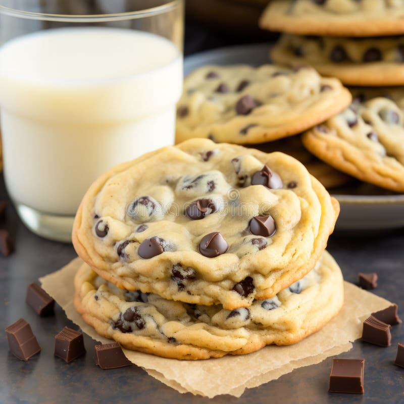 Stacks of Chocolate Chip Soft Cookies and Milk. Generative AI. Stock ...