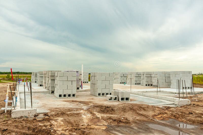 Stacks of Cinder Blocks, on Concrete Slab Stock Image - Image of stack ...