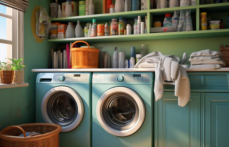 Stacks of Clean Clothes in Utility Room Stock Illustration ...