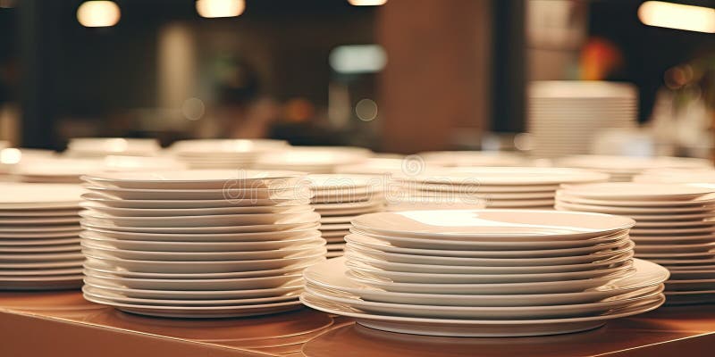 Stacks of Clean Plates at Hotel Breakfast Buffet, White Plates Stock ...
