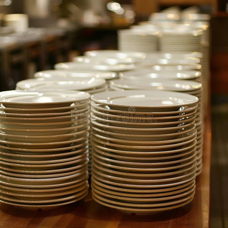 Stacks of Clean Plates at Hotel Breakfast Buffet, White Plates Stock ...