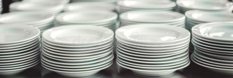 Stacks of Clean Plates at Hotel Breakfast Buffet, White Plates Stock ...