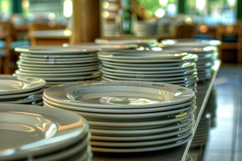 Stacks of Clean Plates at Hotel Breakfast Buffet, White Plates Stock ...