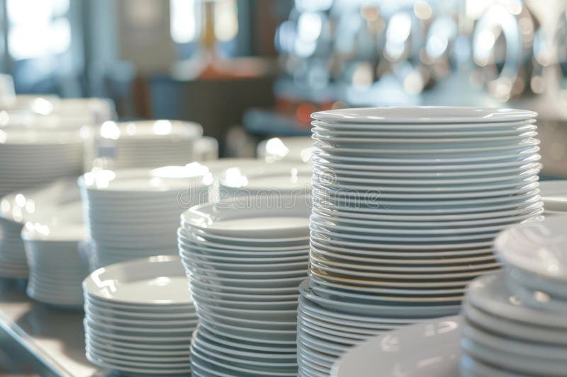 Stacks of Clean Plates at Hotel Breakfast Buffet, White Plates Stock ...