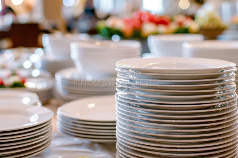 Stacks of Clean Plates at Hotel Breakfast Buffet, White Plates Stock ...