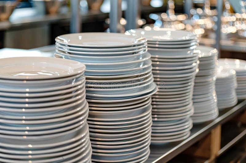 Stacks of Clean Plates at Hotel Breakfast Buffet, White Plates Stock ...