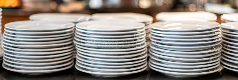 Stacks of Clean Plates at Hotel Breakfast Buffet, White Plates Stock ...