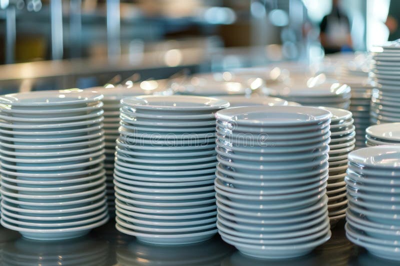 Stacks of Clean Plates at Hotel Breakfast Buffet, White Plates Stock ...