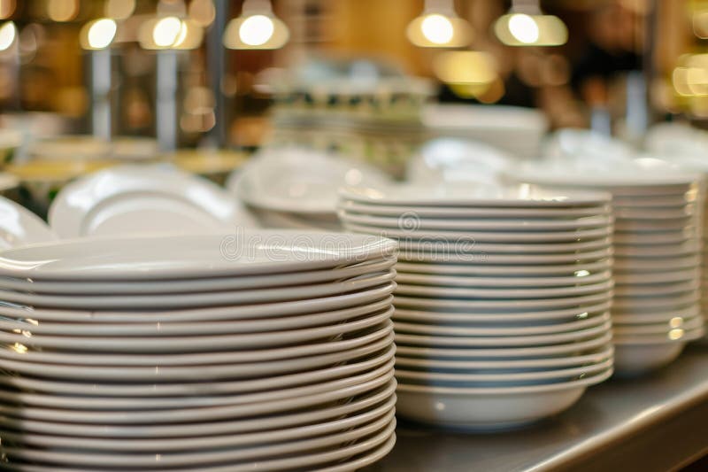 Stacks of Clean Plates at Hotel Breakfast Buffet, White Plates Stock ...
