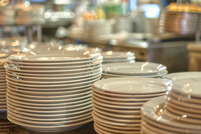 Stacks of Clean Plates at Hotel Breakfast Buffet, White Plates Stock ...