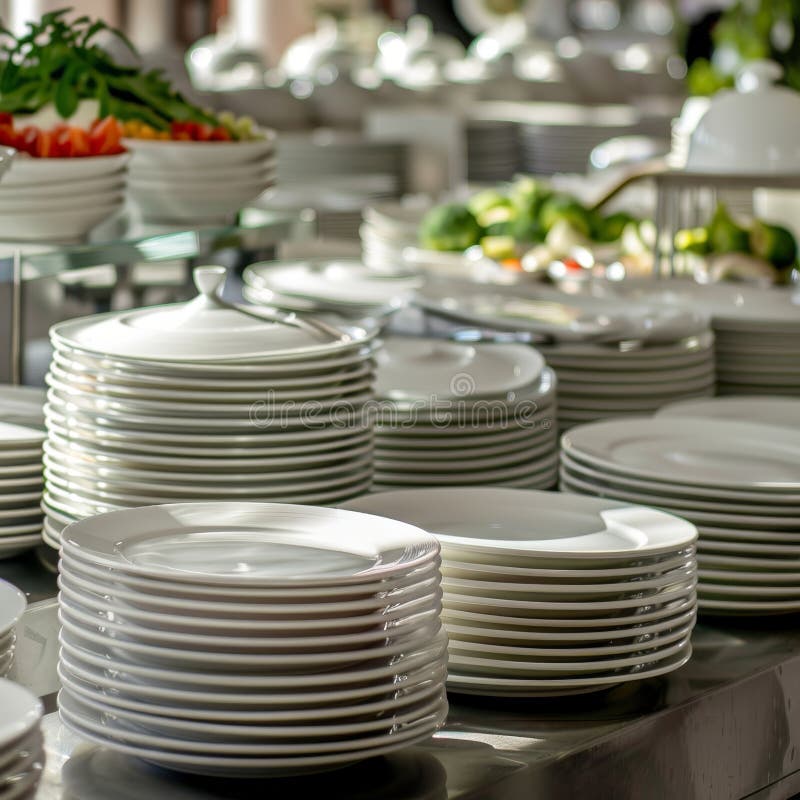 Stacks of Clean Plates at Hotel Breakfast Buffet, White Plates Stock ...