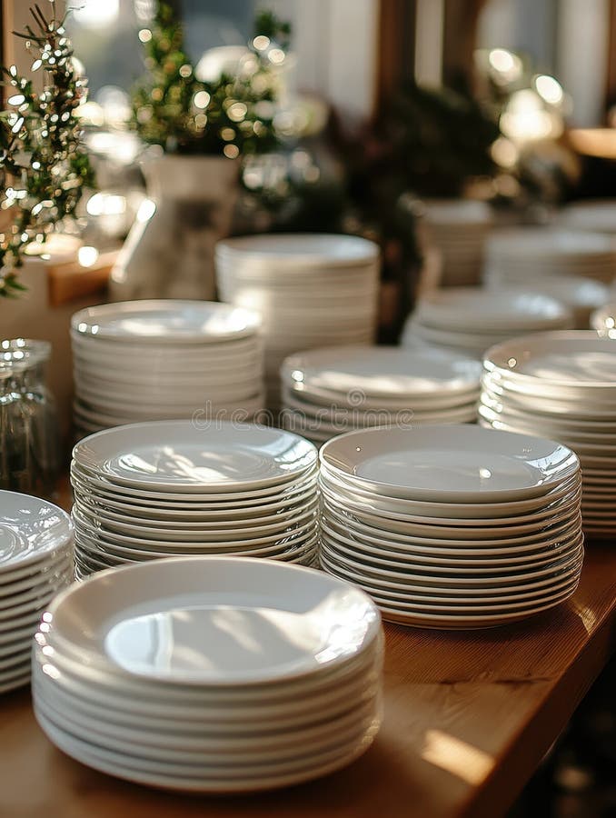 Stacks of Clean Plates at Hotel Breakfast Buffet, White Plates Stock ...