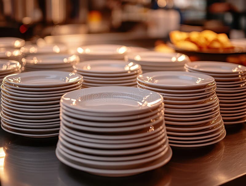 Stacks of Clean Plates at Hotel Breakfast Buffet, White Plates Stock ...