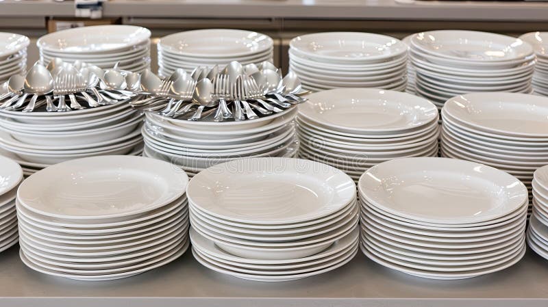 Stacks of Clean White Plates and Silverware Neatly Arranged in a Retail ...