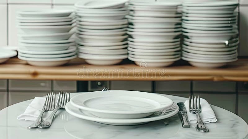 Stacks of Clean White Plates and Silverware Neatly Arranged in a Retail ...